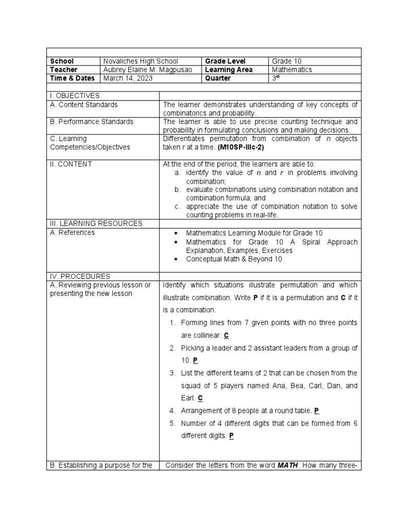 Week 4- Combination Notation-lesson Plan | PDF | Mathematics | Permutation