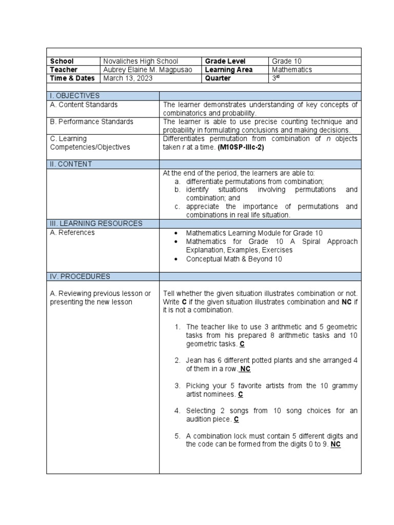 Week 4 - Permutation Vs Combination - Lesson Plan | PDF | Learning ... Week 4 - Permutation Vs Combination - Lesson Plan | PDF | Learning ...