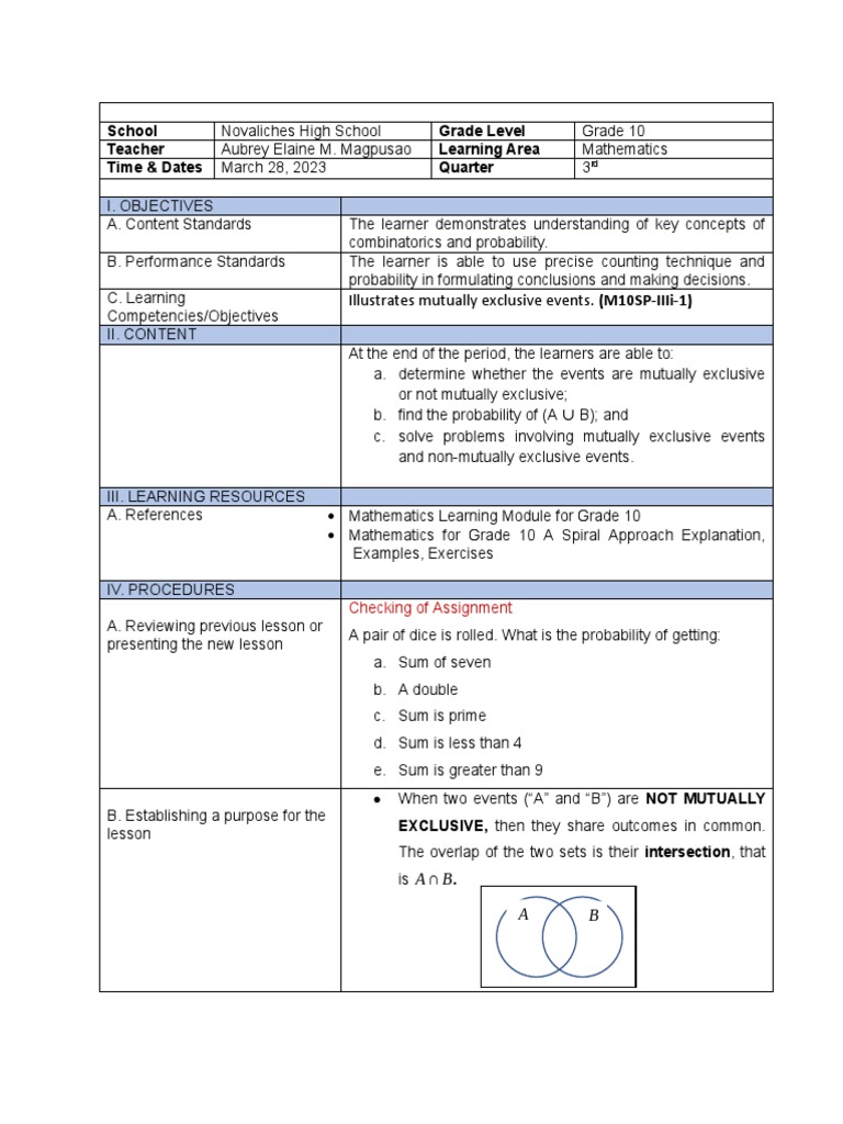 Week 7 - PROBABILITY OF UNION OF TWO EVENTS-Lesson Plan | Download Free ...