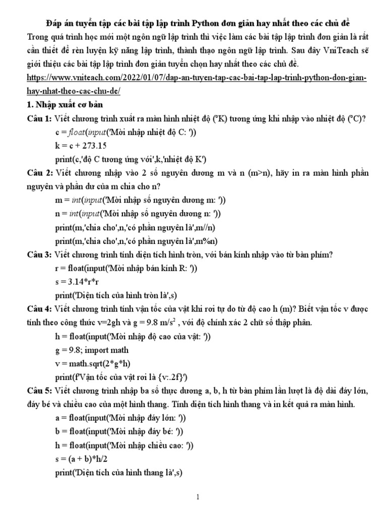 Đáp án tuyển tập các bài tập lập trình Python đơn giản hay nhất theo ...