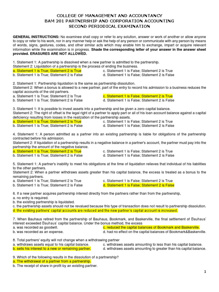 BAM 201 Partnership Exam Guidelines | PDF | Partnership | Equity (Finance)