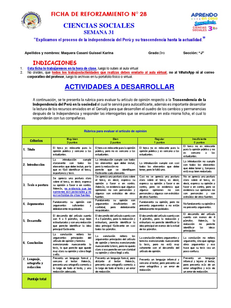 Ficha Actividad Semana 31 - Cambios y Permanencias | PDF | Perú | Estratificación social