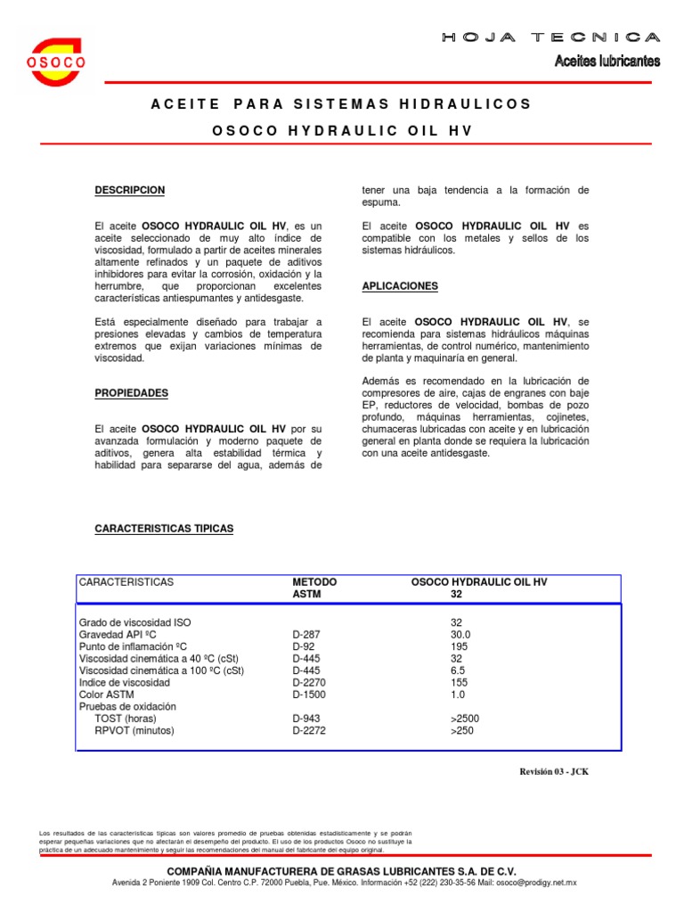 Hydraulic Oil HV ISO 32 | PDF | Lubricante | Petróleo
