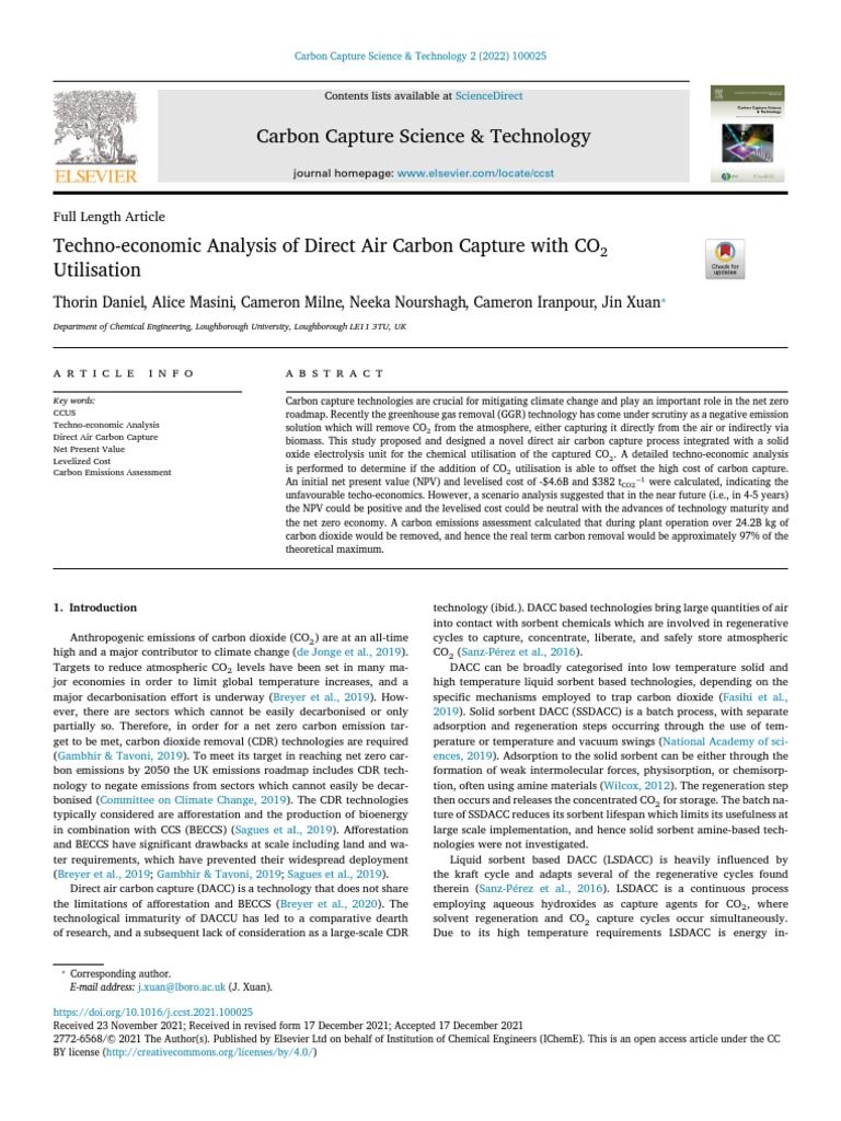 10 - Techno-Economic Analysis of Direct Air Carbon Capture With CO2 | PDF | Carbon Sequestration ...