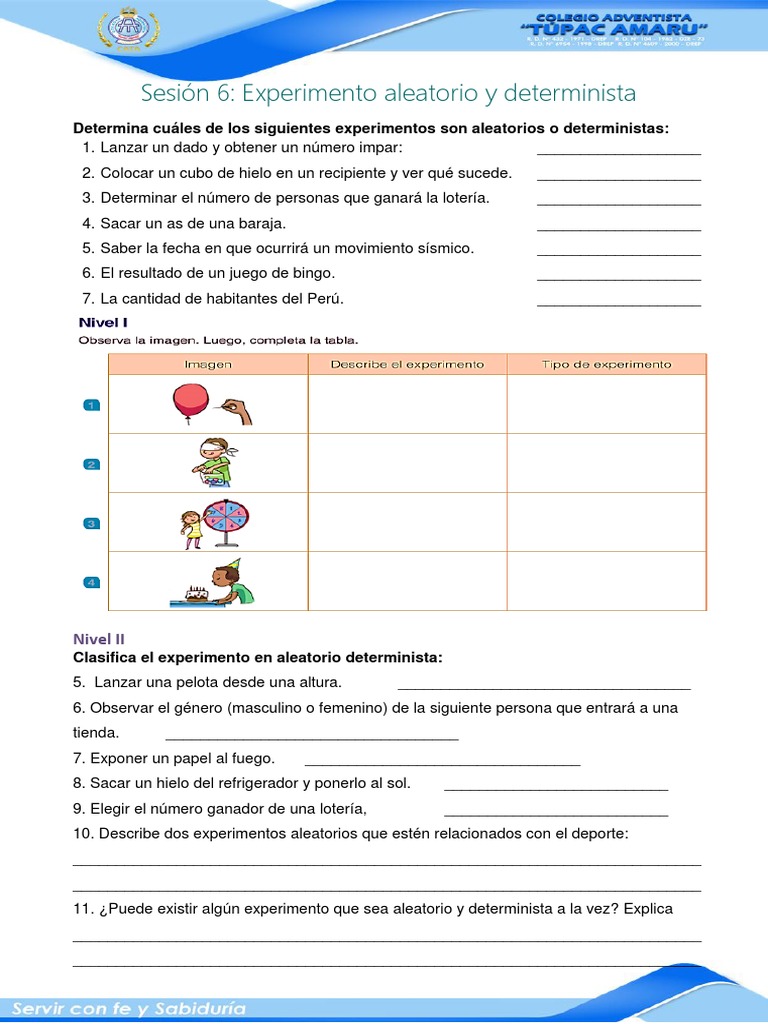 Ficha - Experimento Aleatorio y Determinista - Fuxopvdkm4 | PDF