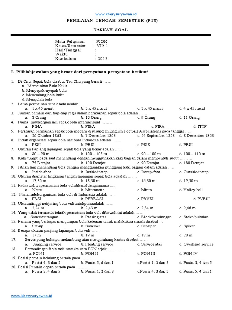1 - Soal PTS PJOK K7 Ganjil - WWW - Kherysuryawan.id | PDF
