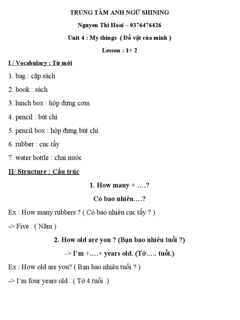 Unit 4 My Things Lesson 1& 2 | PDF