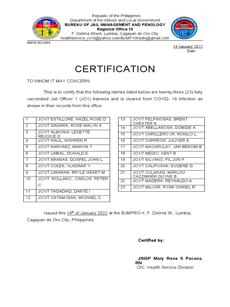 Jail Officer Vaccination Cert. | PDF