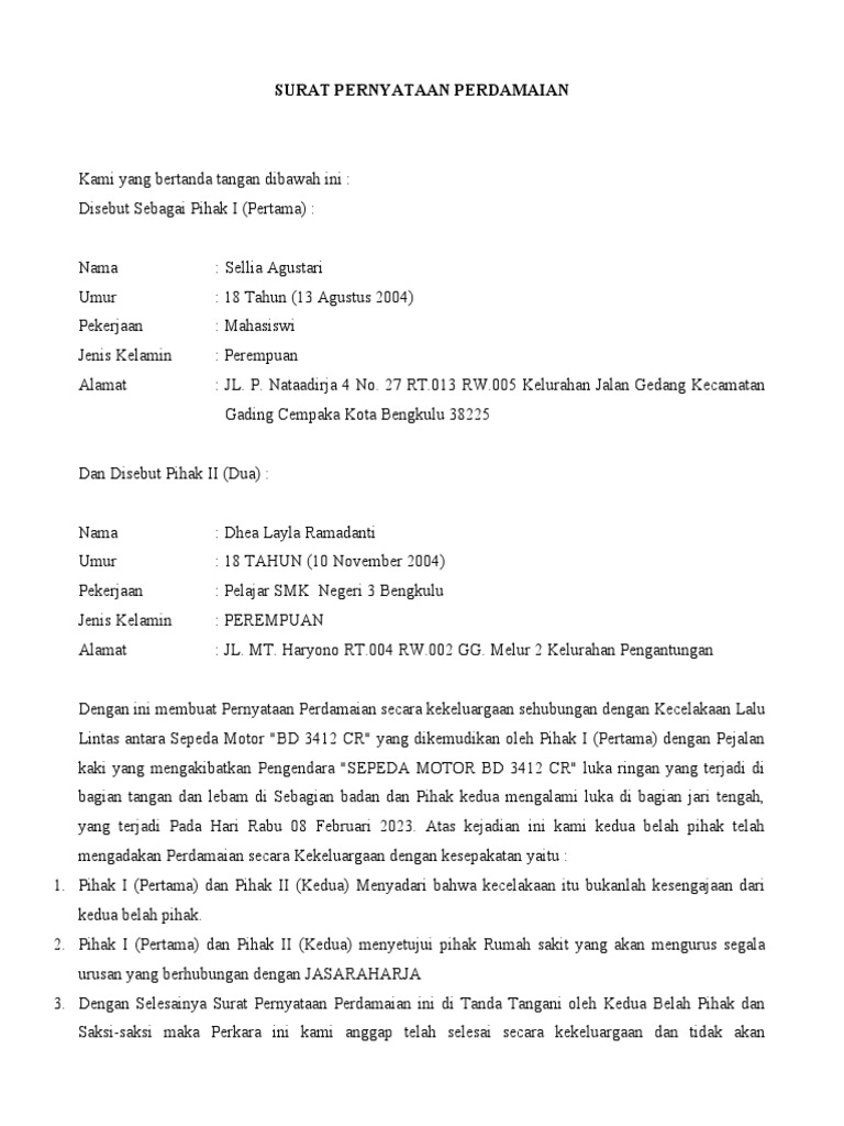 Contoh Surat Perdamaian | PDF