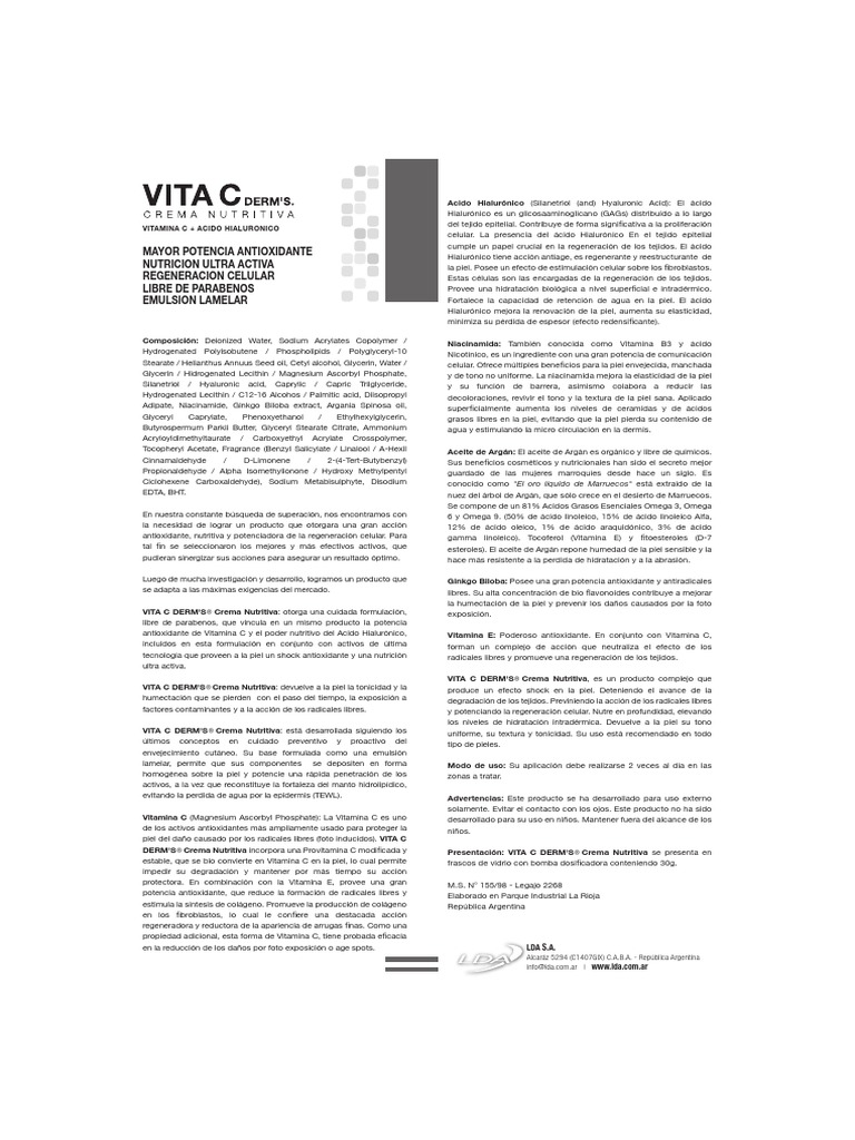 VITA C DERMS CREMA Prospecto | PDF | Antioxidante | Petróleo