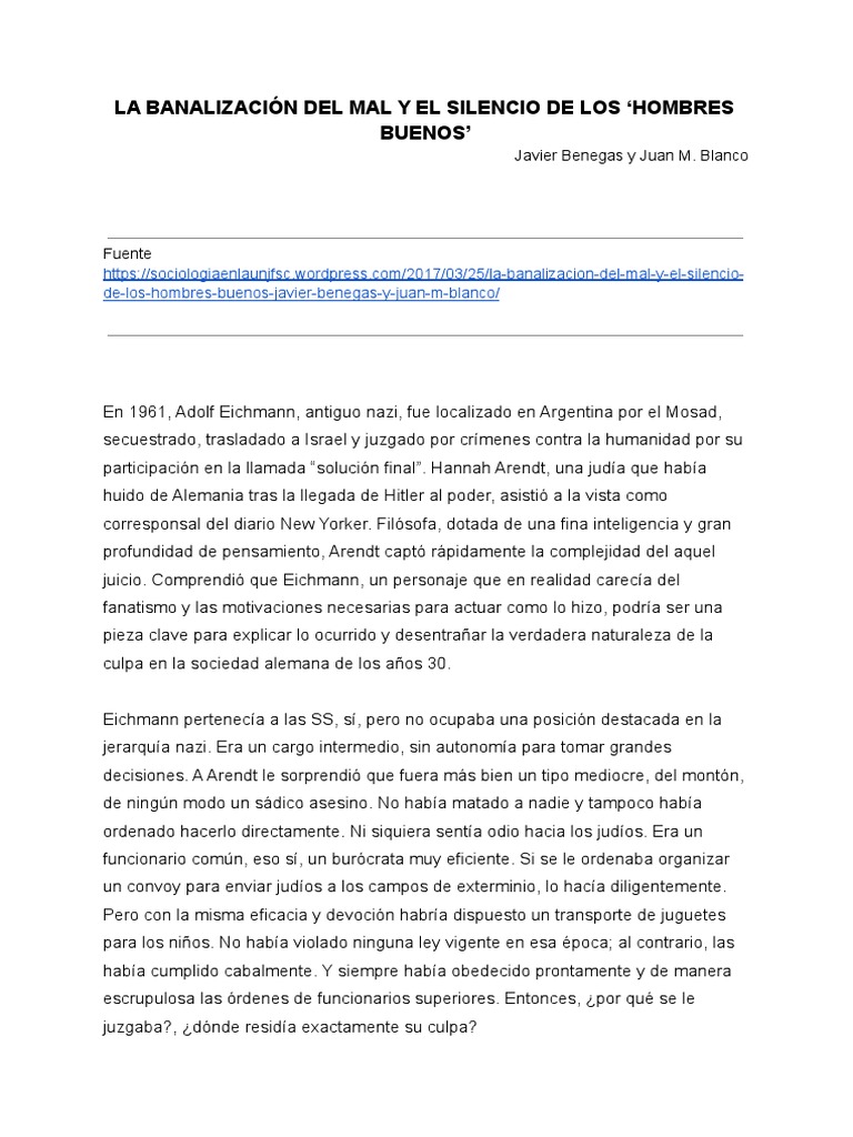 La Banalización Del Mal y El Silencio de Los Hombres Buenos' | PDF ... La Banalización Del Mal y El Silencio de Los Hombres Buenos' | PDF ...