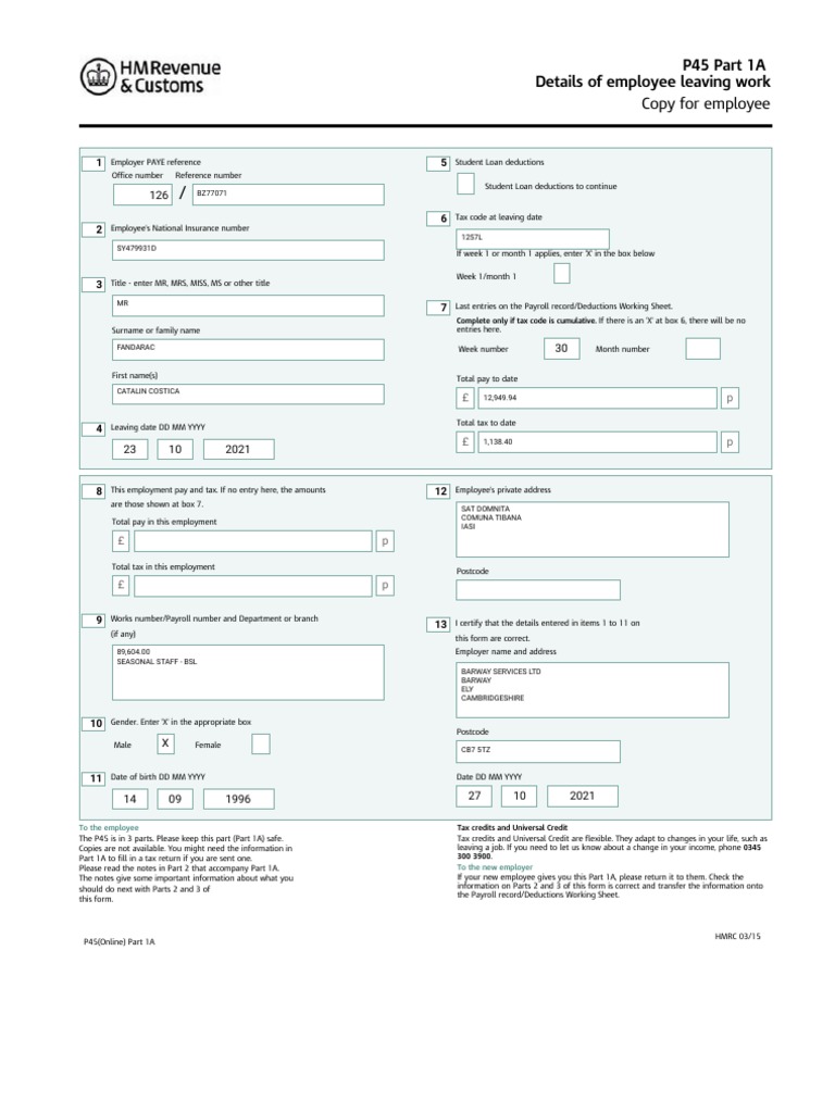 P45 Part 1A Details of Employee Leaving Work | PDF | Payroll Tax ...