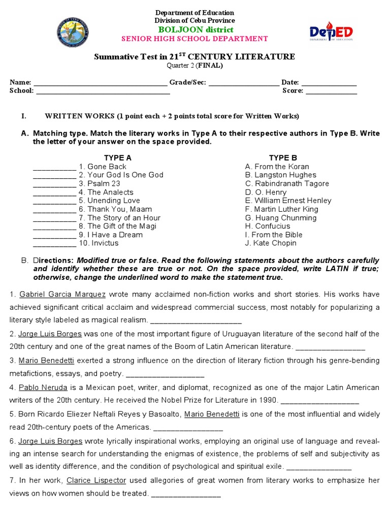 Senior High School Literature Test | PDF | Gabriel García Márquez