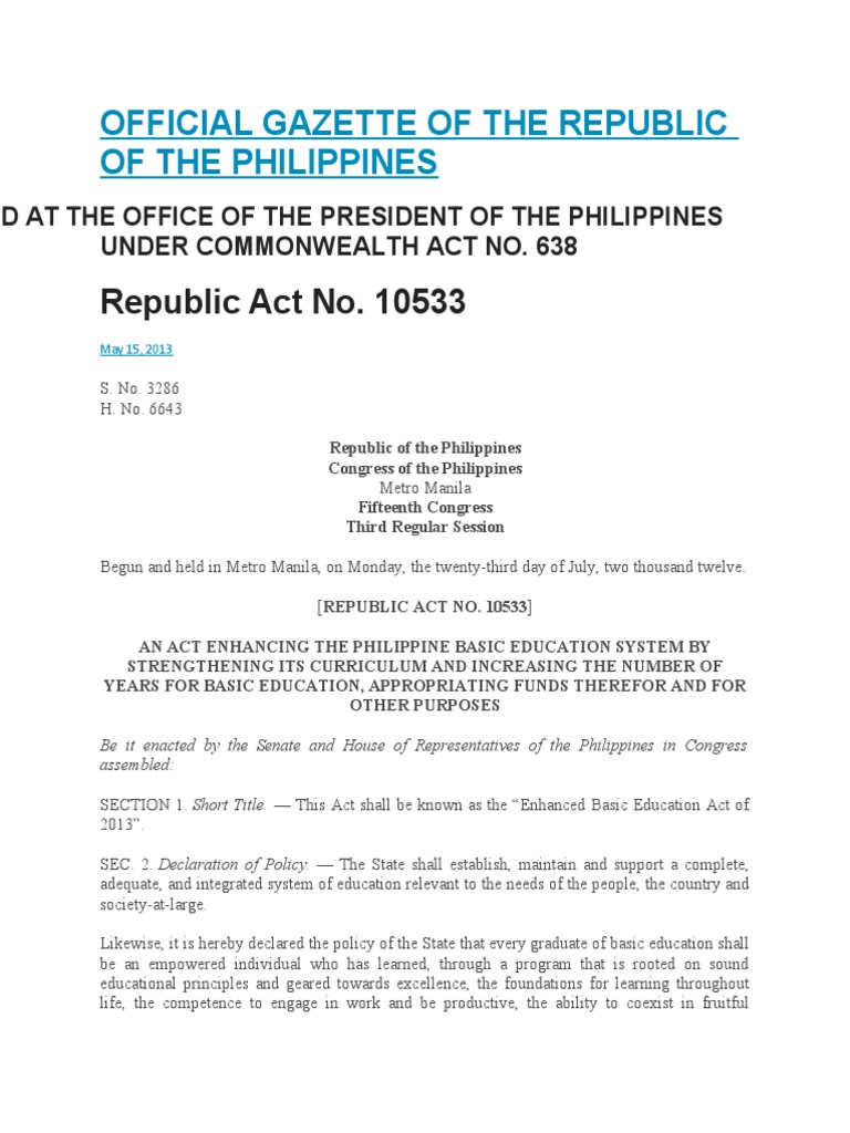 Ra 10533 | PDF | Secondary Education | Curriculum