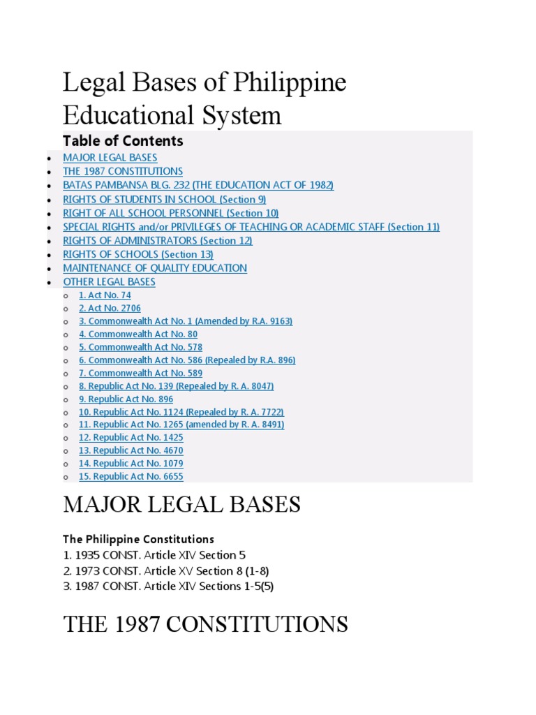 Legal Bases of Philippine Educational System | PDF | Teachers | Schools