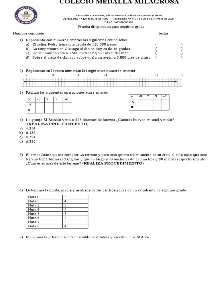 Prueba Diagnóstica para Séptimo Grado Matematicas | PDF