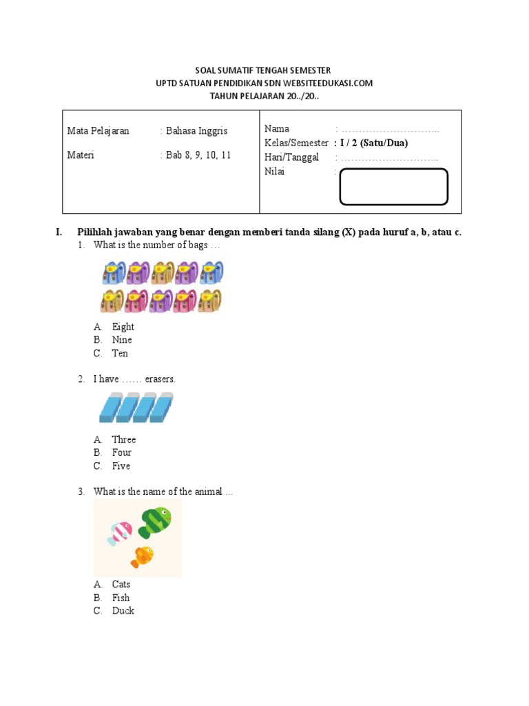 Soal STS 2 B.Ing Kelas I SD Kurmer | PDF