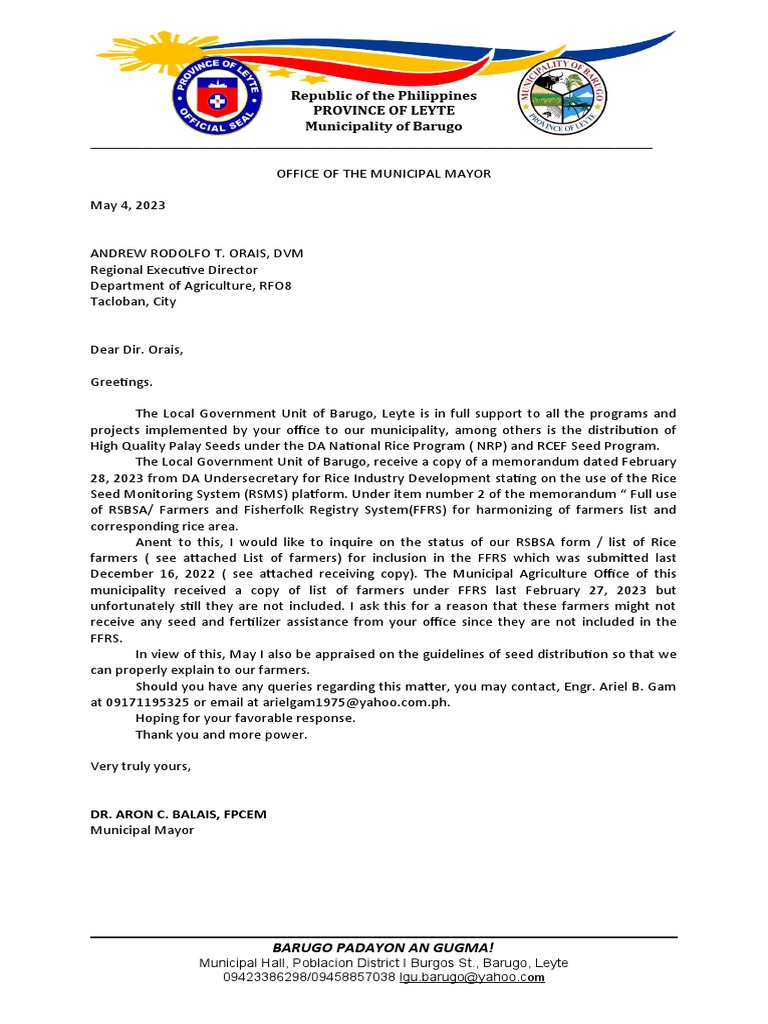 Request for Seed Assistance in Barugo | PDF | Social Science