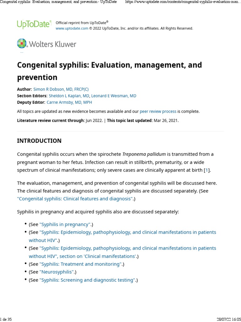 Congenital Syphilis Evaluation, Management, And Prevention - UpToDate ...