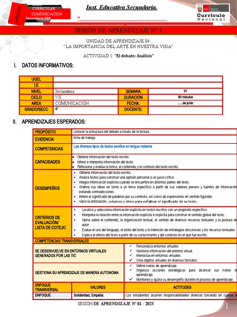 4º Com Ses 1 Un 4 Sem 01 - 2023 | PDF | Aprendizaje | Evaluación