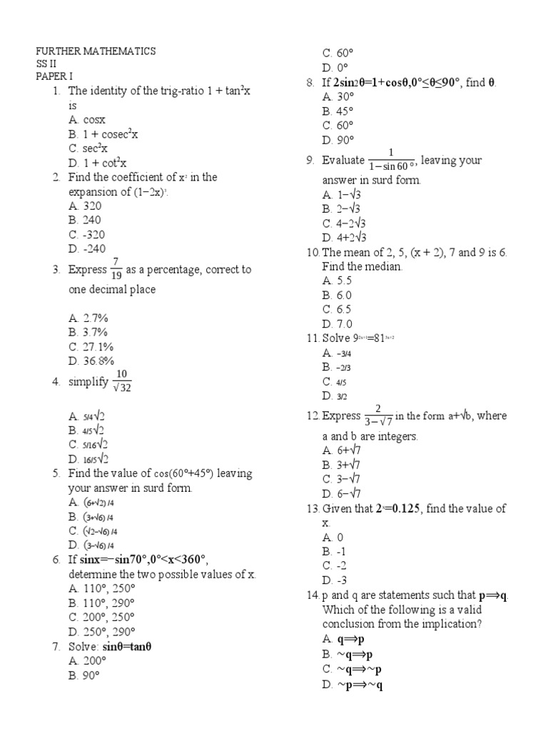Further Mathematics SS1-1 | PDF | Mathematical Objects | Elementary Mathematics