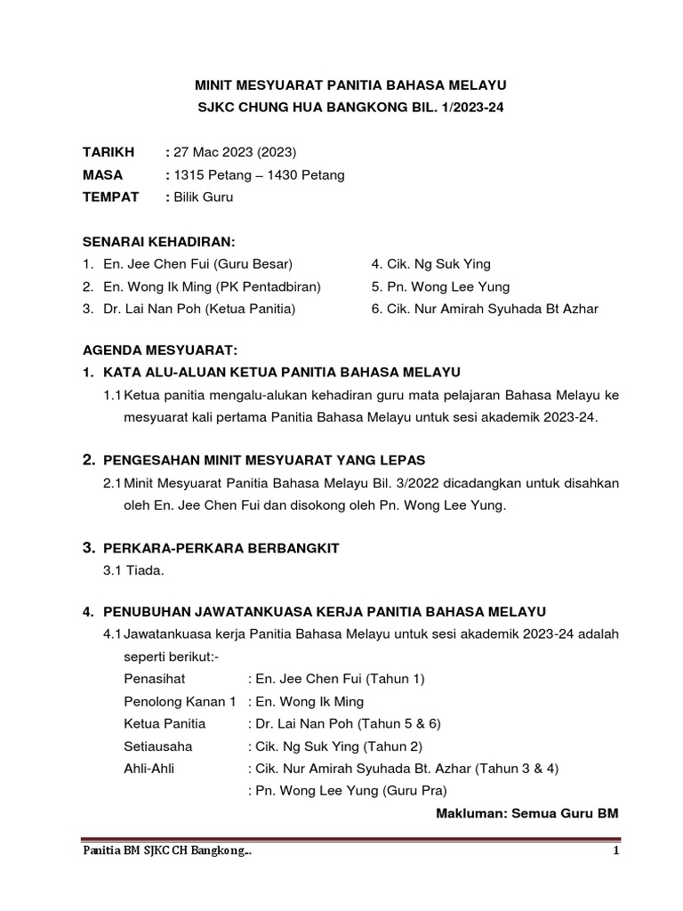 Minit Mesyuarat Panitia BM - 1 - 2023/24 | PDF