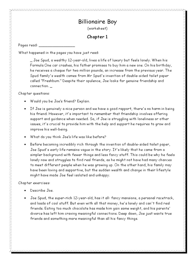 Billionaire Boy Worksheet (GLA) | PDF