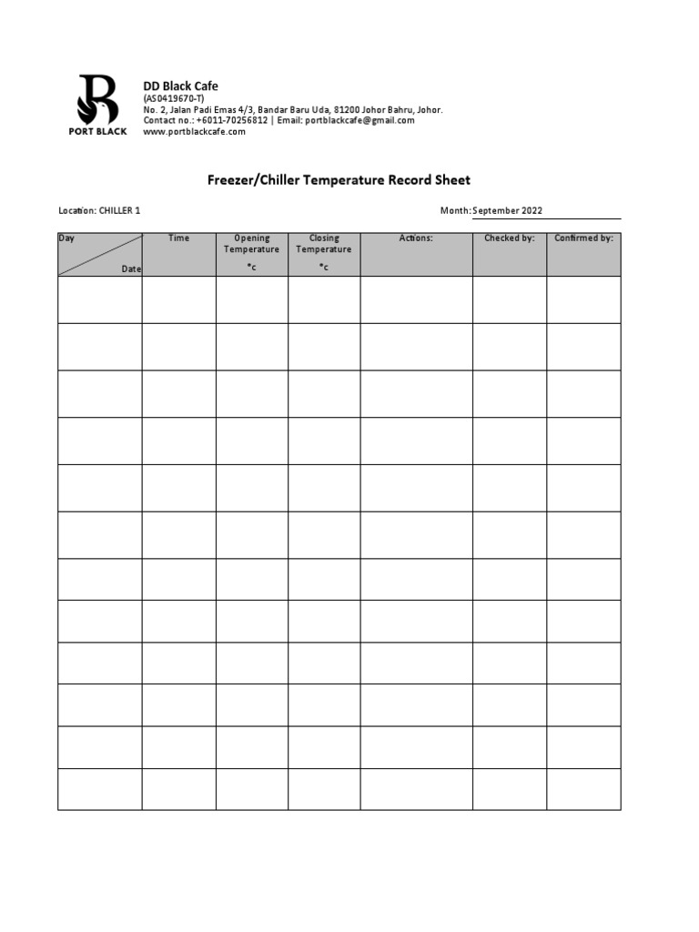 Chiller/Freezer Temp Record Sheet | PDF