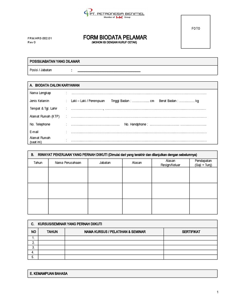 Formulir Biodata Pelamar Kerja | PDF
