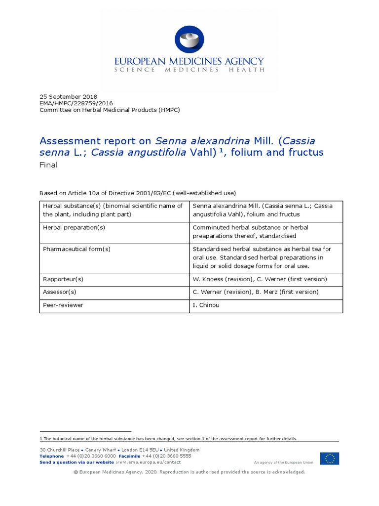 EMA-HMPC-228759. Assessment Report On Senna Alexandrina Mill. (Cassia ...