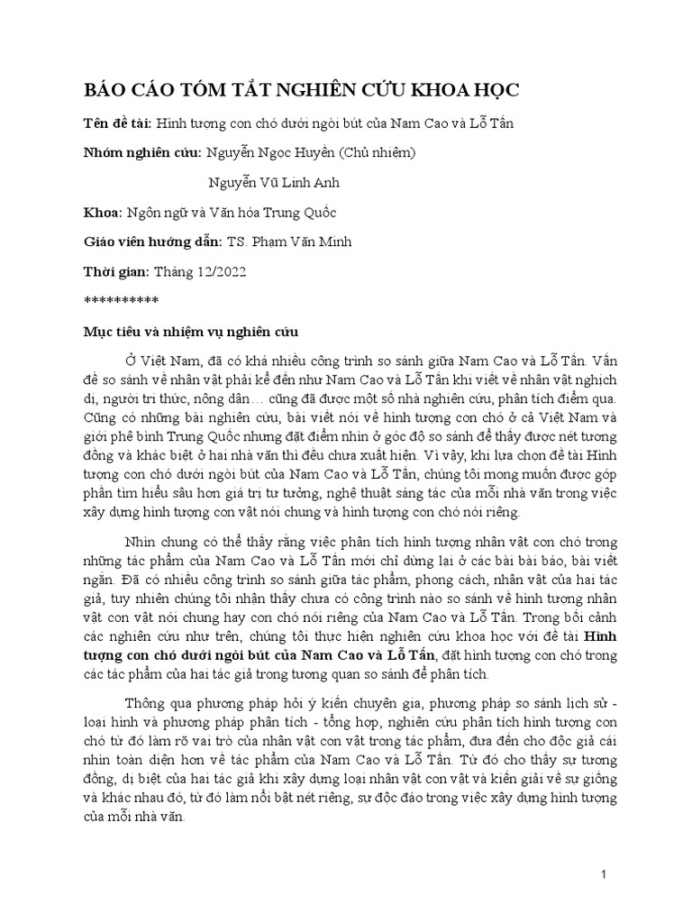 (BCTT) Hình tượng con chó dưới ngòi bút của Nam Cao và Lỗ Tấn | PDF