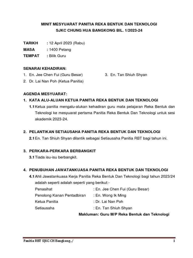Minit Mesyuarat Panitia RBT - 1 - 2023 | PDF