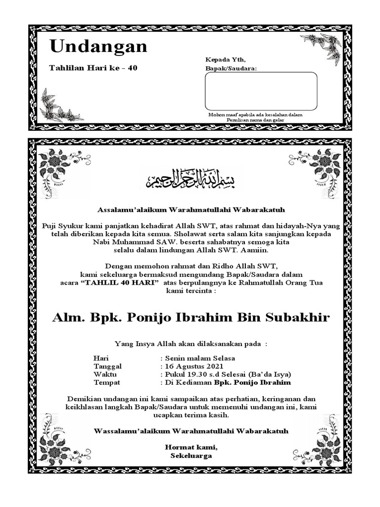 Surat Undangan Tahlil 40 Hari | PDF