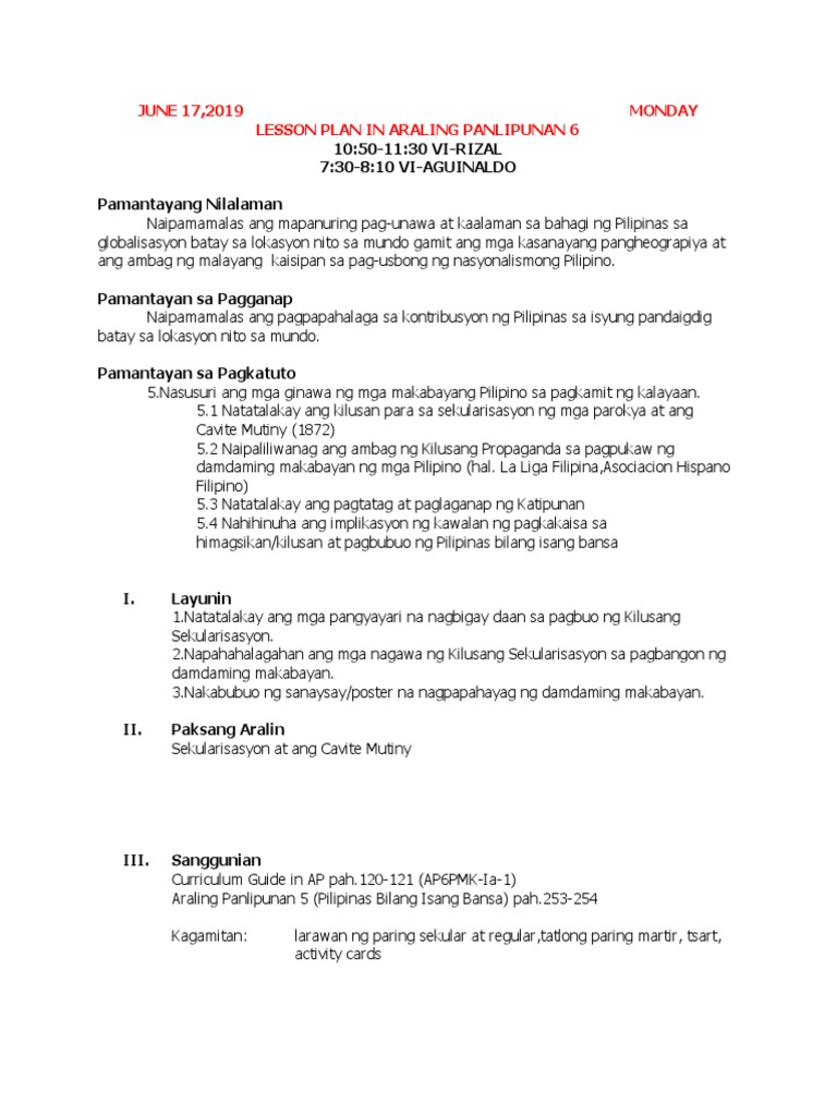 JUNE 17,2019 Monday Lesson Plan in Araling Panlipunan 6 | PDF
