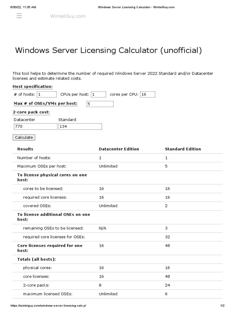 Windows Server Licensing Calculator Tool | PDF | Operating System | X86 ...