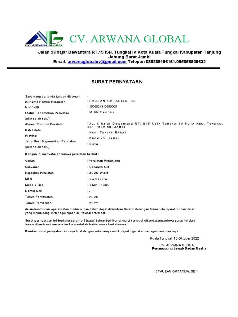 Format Surat Pernyataan Laik Alat | PDF