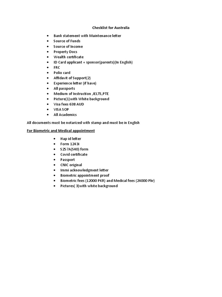 Checklist For Australia (For Visa +GTE) | PDF