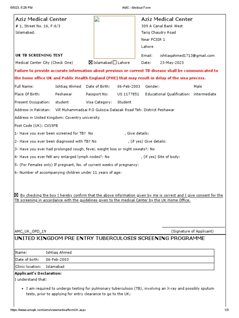 AMC Medical Form | PDF | Tuberculosis | Informed Consent