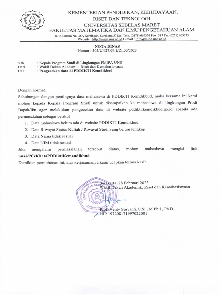 Surat ke Prodi Permohonan Pengecekan data di Pddikti Kemdikbud | PDF