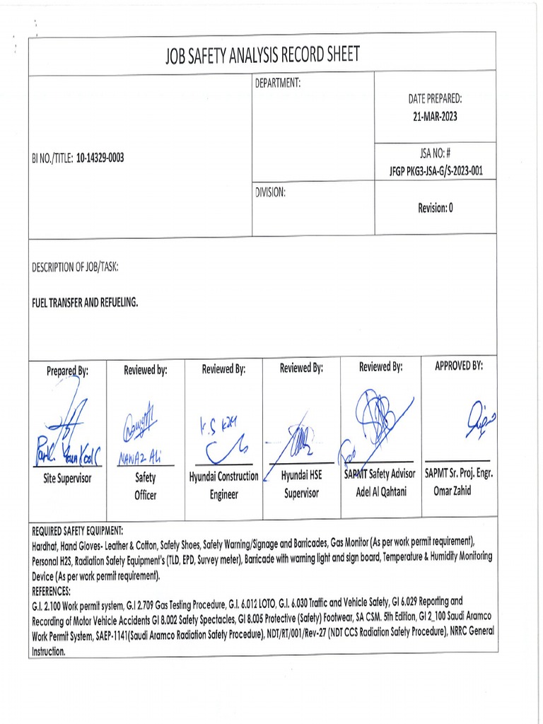 JSA Fuel Transfer and Refueling | PDF