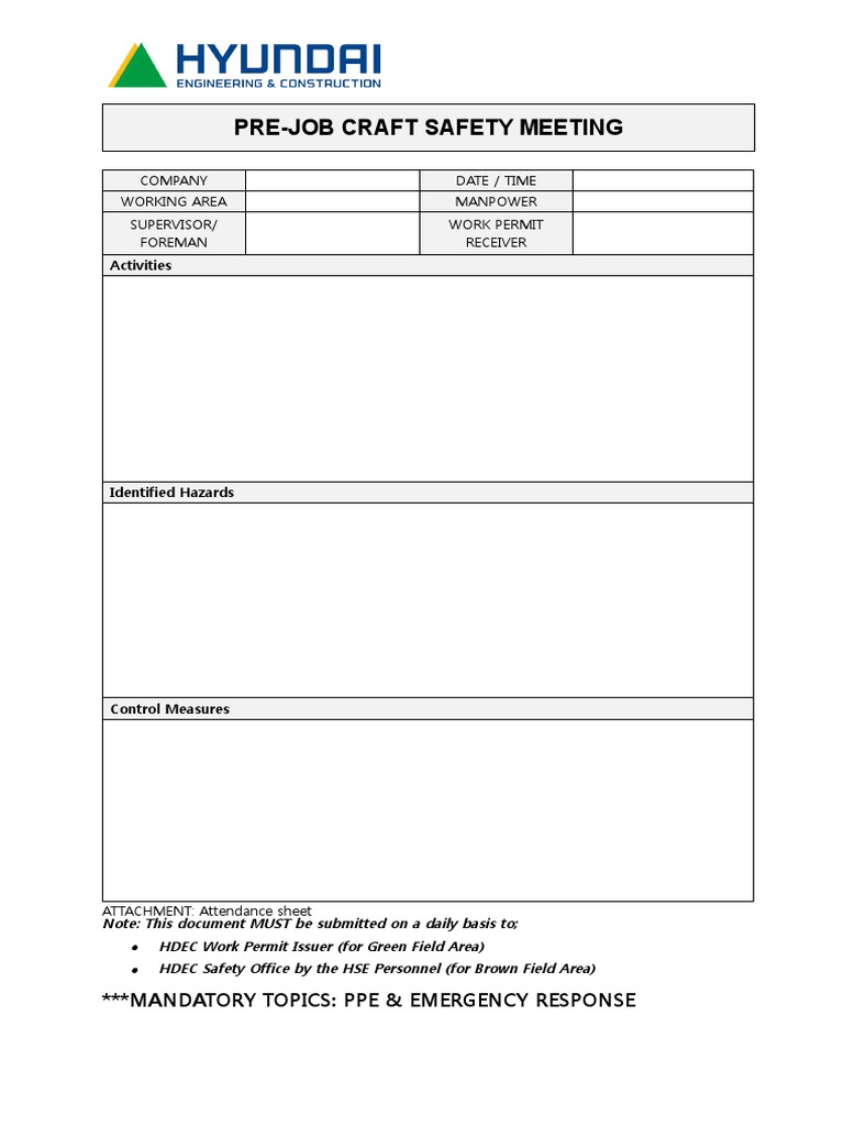 Pre-Job Craft Safety Meeting Form | PDF