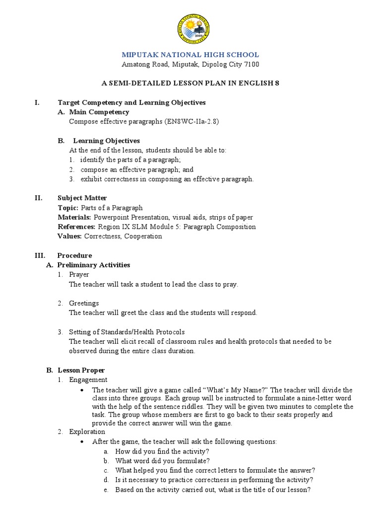 Semi Detailed LP - COT2 | PDF | Teachers | Paragraph