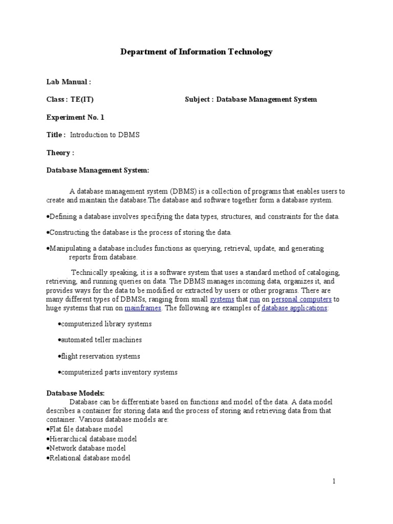 Dbms Manual | PDF | Databases | Sql