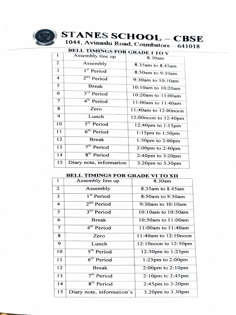 Bell Timings - Junior & Senior School | PDF