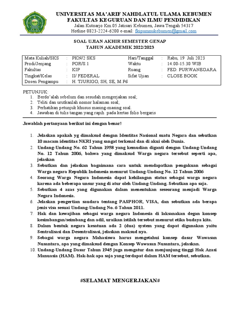 Soal Uas Genap Fkip Ta 2022-2023 Prodi Olah Raga 2d PWN | PDF