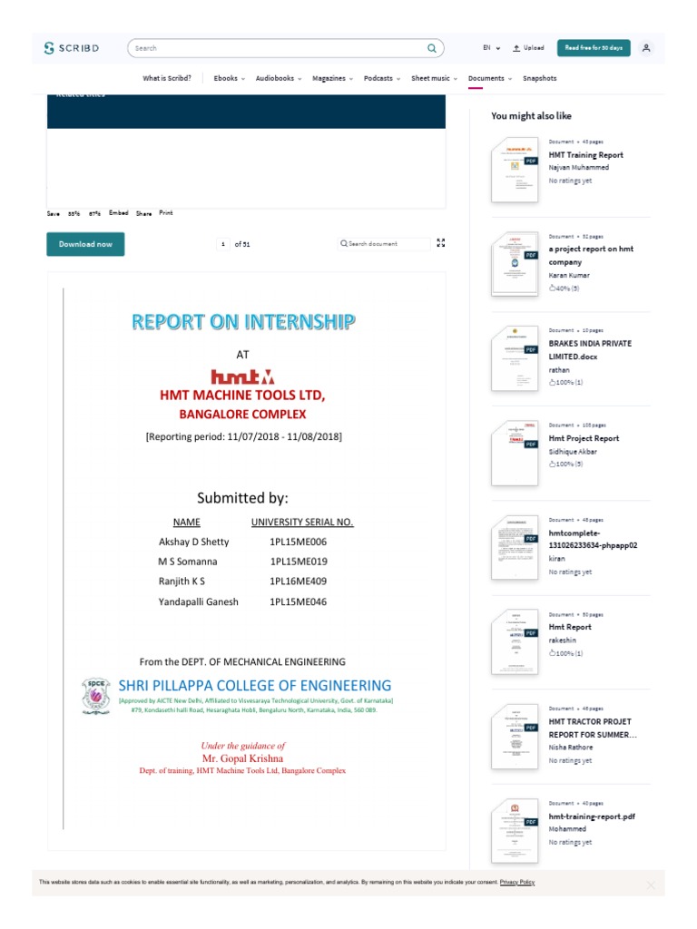 WWW Scribd Com Document 415705066 HMT Machine Tools LTD Internship ... WWW Scribd Com Document 415705066 HMT Machine Tools LTD Internship ...