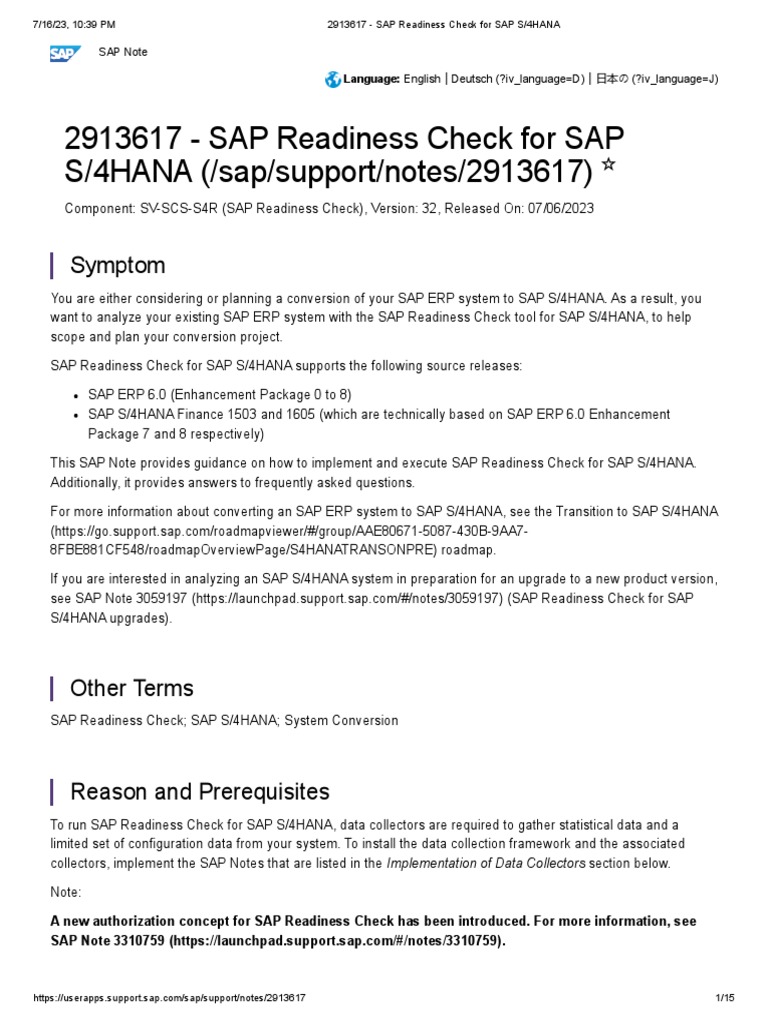 SAP Readiness Check For SAP S - 4HANA | PDF