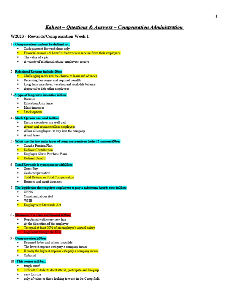 Kahoot Q & A's | PDF | Compensation And Benefits | Employment
