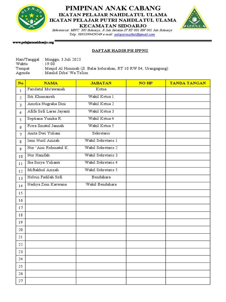Daftar Hadir MDWT Kop Bersma Terbaru-1 | PDF