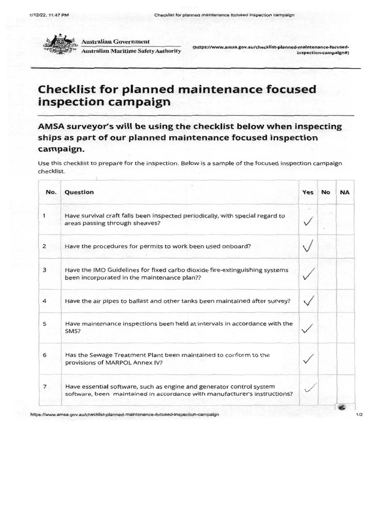 AMSA Checklist For Planned Maintenance Focused Inspection Campaign ...
